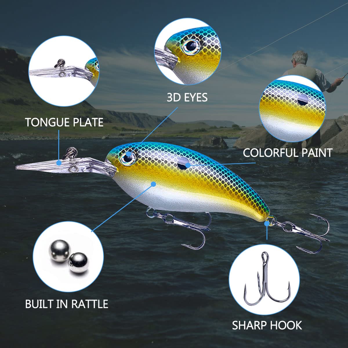 HENGJIA Crankbait Bass Fishing Lures with Nice Packing, Shallow Deep Diving Crankbaits Swimbaits Wobble, for Trout Bass Pike Walleye Crappie Freshwater Saltwater