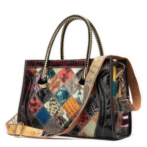 segater women retro leather handbag multicolor cowhide shoulder purse random colorful splicing top-handle satchels