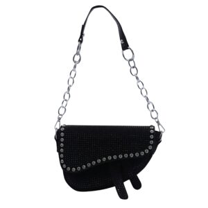 Women Sparkly Rhinestone Saddle Bag Fashion Underarm Shoulder Handbag Evening Clutch Purse with Chain