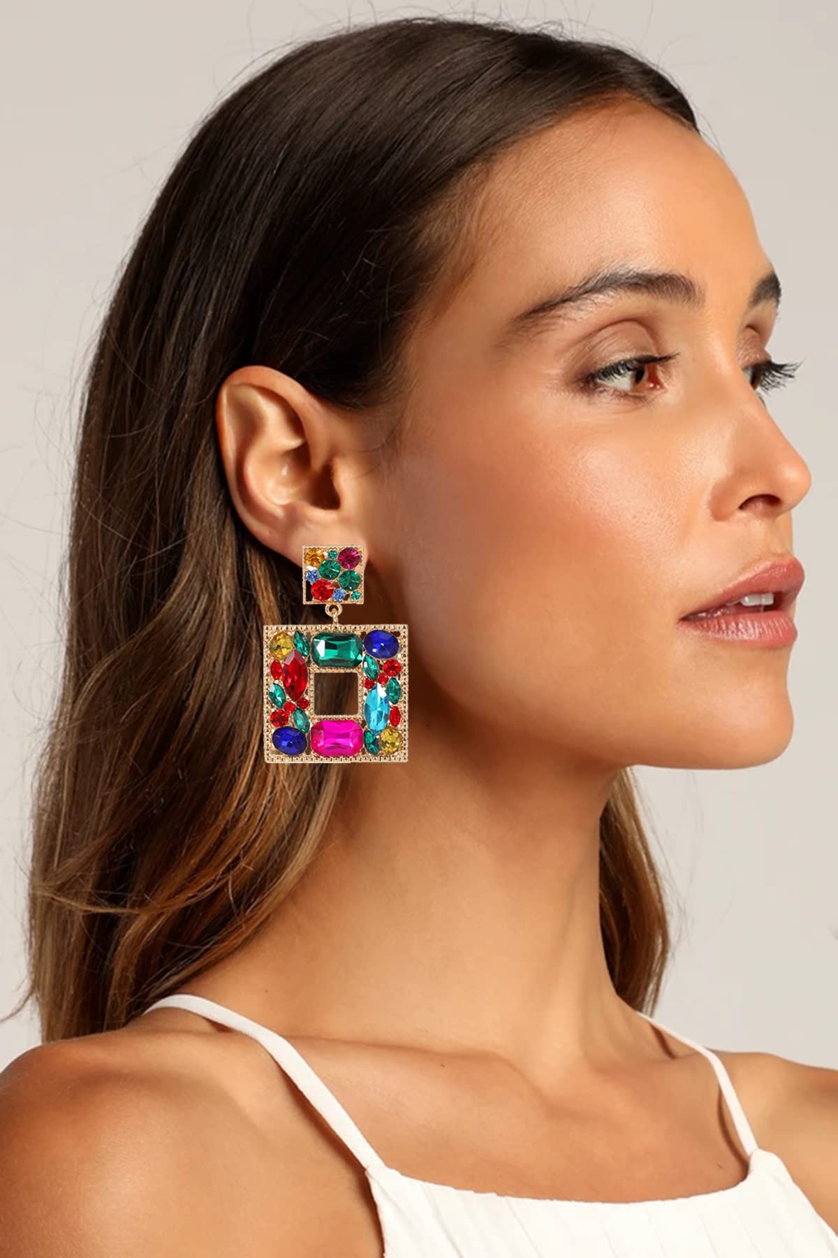 Canboer Colorful Rhinestone Square Dangle Earrings Sparkly Crystal Geometric Drop Statement Earrings Hypoallergenic for Women Party Prom