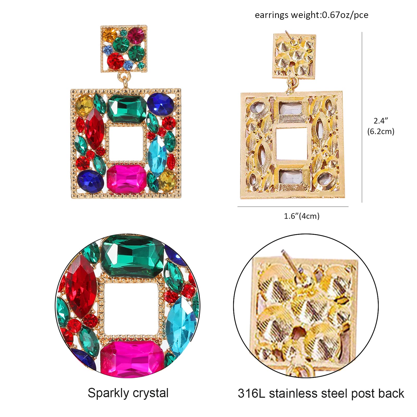 Canboer Colorful Rhinestone Square Dangle Earrings Sparkly Crystal Geometric Drop Statement Earrings Hypoallergenic for Women Party Prom