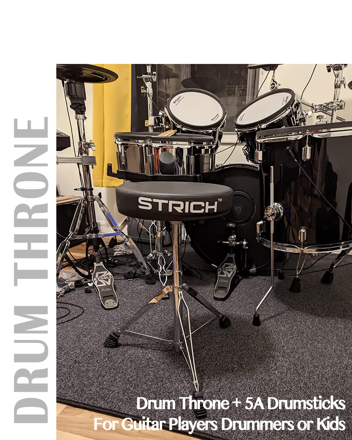 STRICH Drum Stool Set, Padded Seat Height Adjustable Drum Throne with 5A Drumsticks for Adults Beginner Drummers, SDB-10 Standard