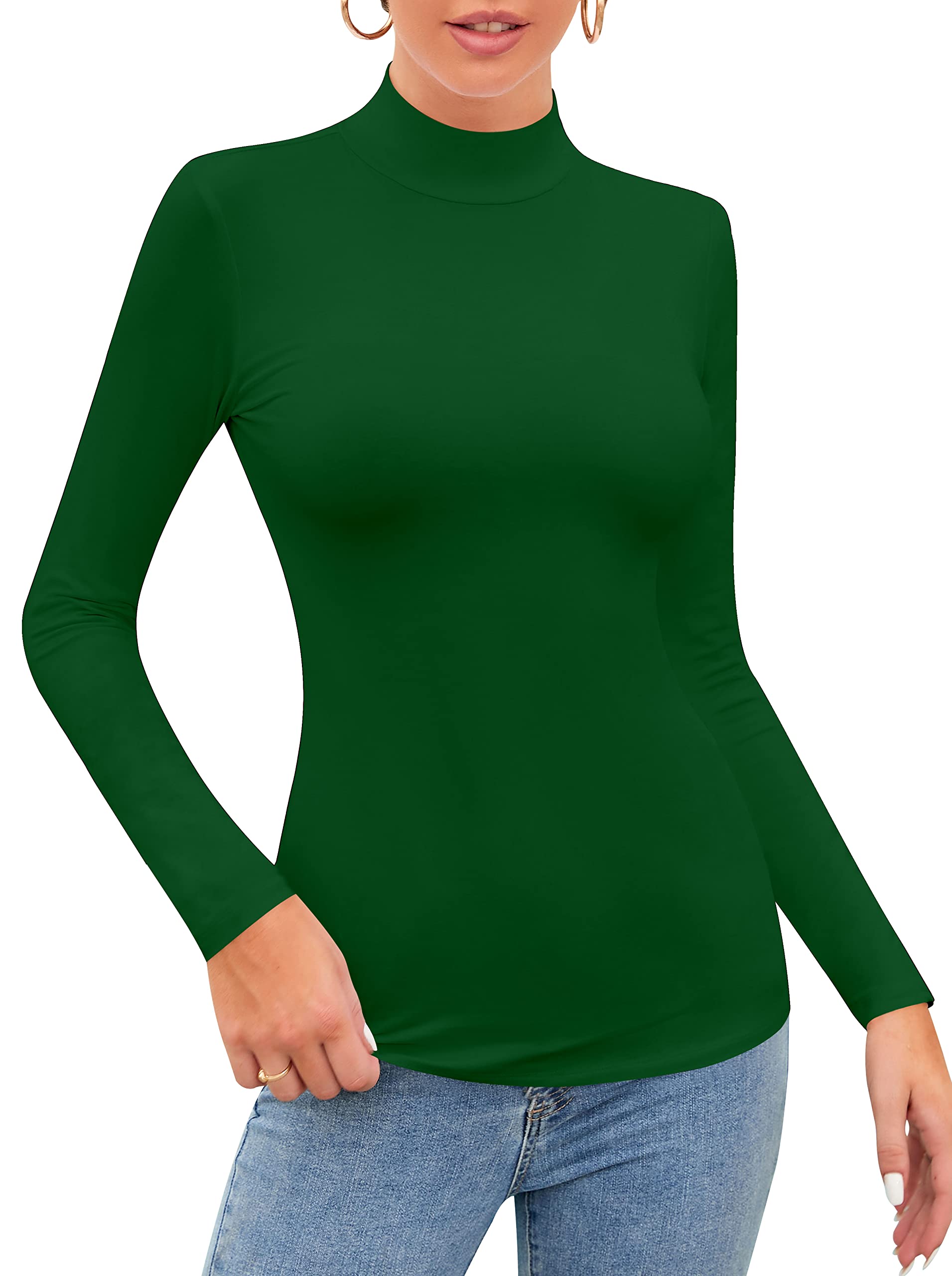 SHEIUGU Women’s Long Sleeve Mock Turtle Neck Tops Basic Stretchy Fitted Underwear Layer Tee Shirts(Dark Green 01-X-Large)