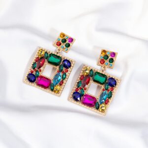 Canboer Colorful Rhinestone Square Dangle Earrings Sparkly Crystal Geometric Drop Statement Earrings Hypoallergenic for Women Party Prom