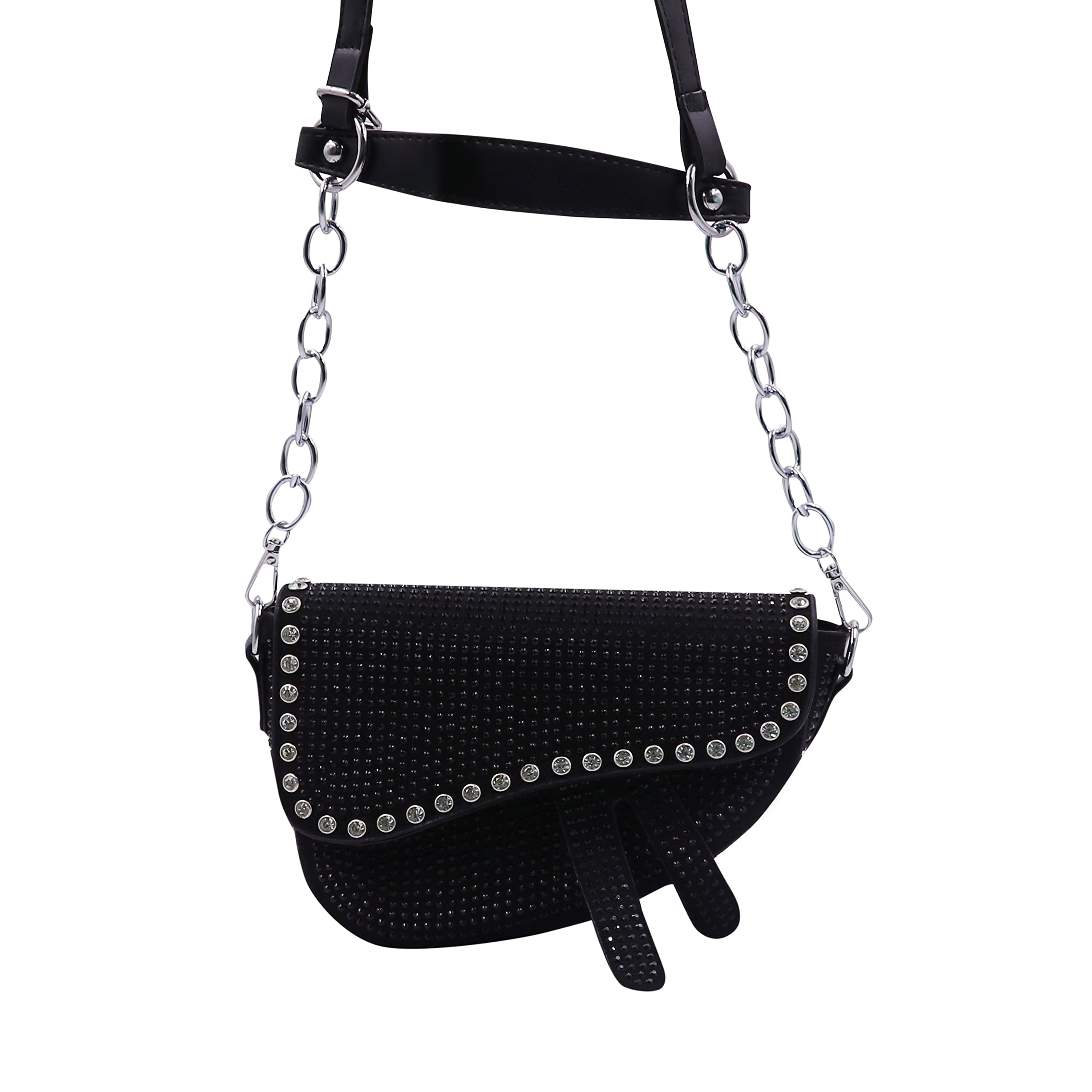 Women Sparkly Rhinestone Saddle Bag Fashion Underarm Shoulder Handbag Evening Clutch Purse with Chain