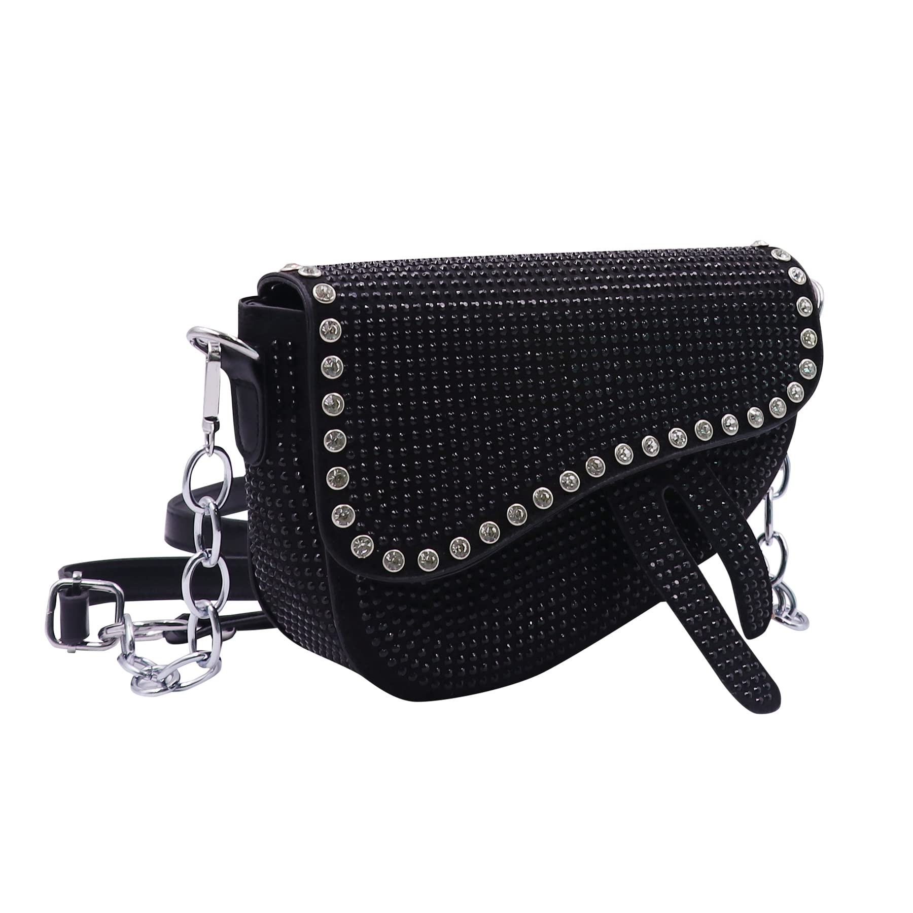 Women Sparkly Rhinestone Saddle Bag Fashion Underarm Shoulder Handbag Evening Clutch Purse with Chain