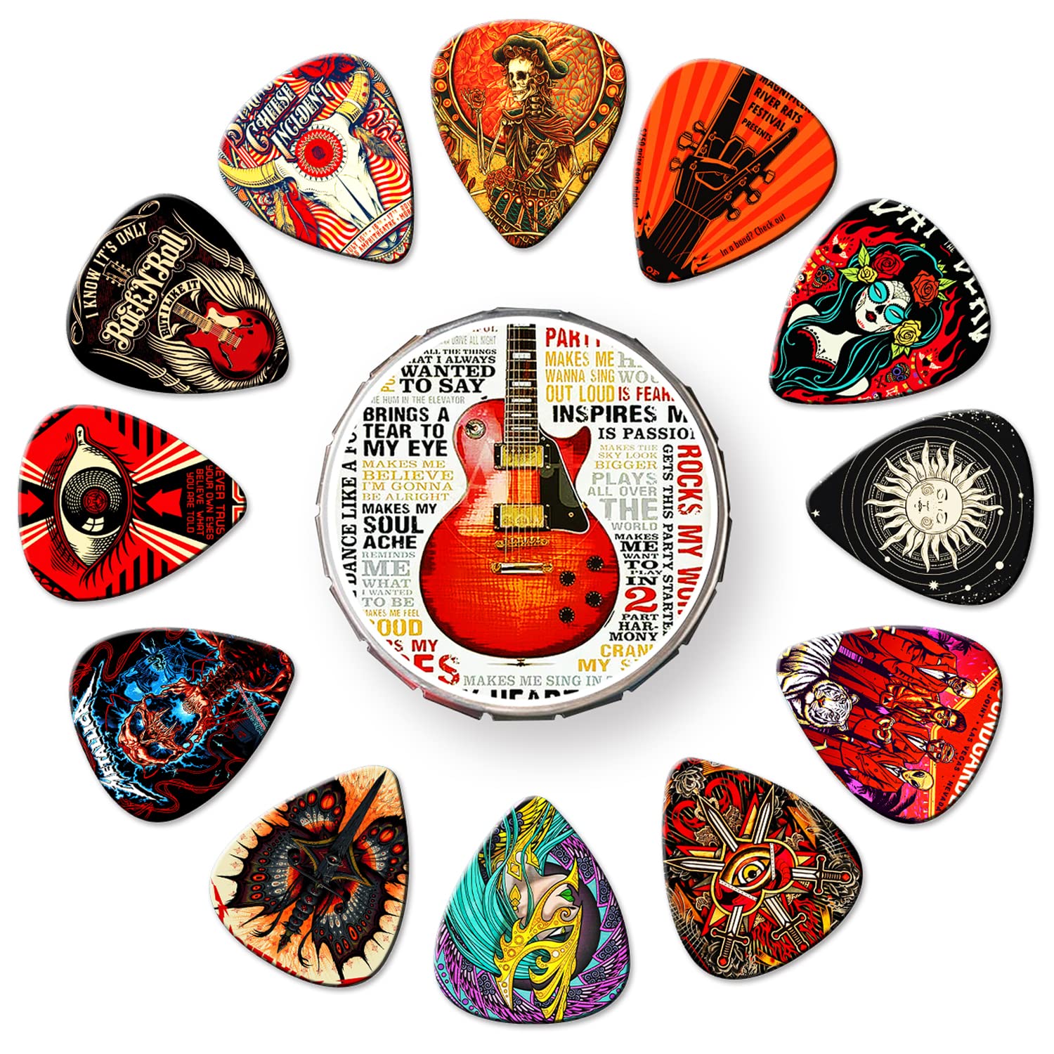 Guitar Picks 24 Pack Thin, Medium, Heavy & Extra Heavy Picks with Tin Box,Variety Pack Artistic Celluloid Guitar Pick for Bass Electric Guitar Acoustic Guitar Lovers Gift (Mix-2)