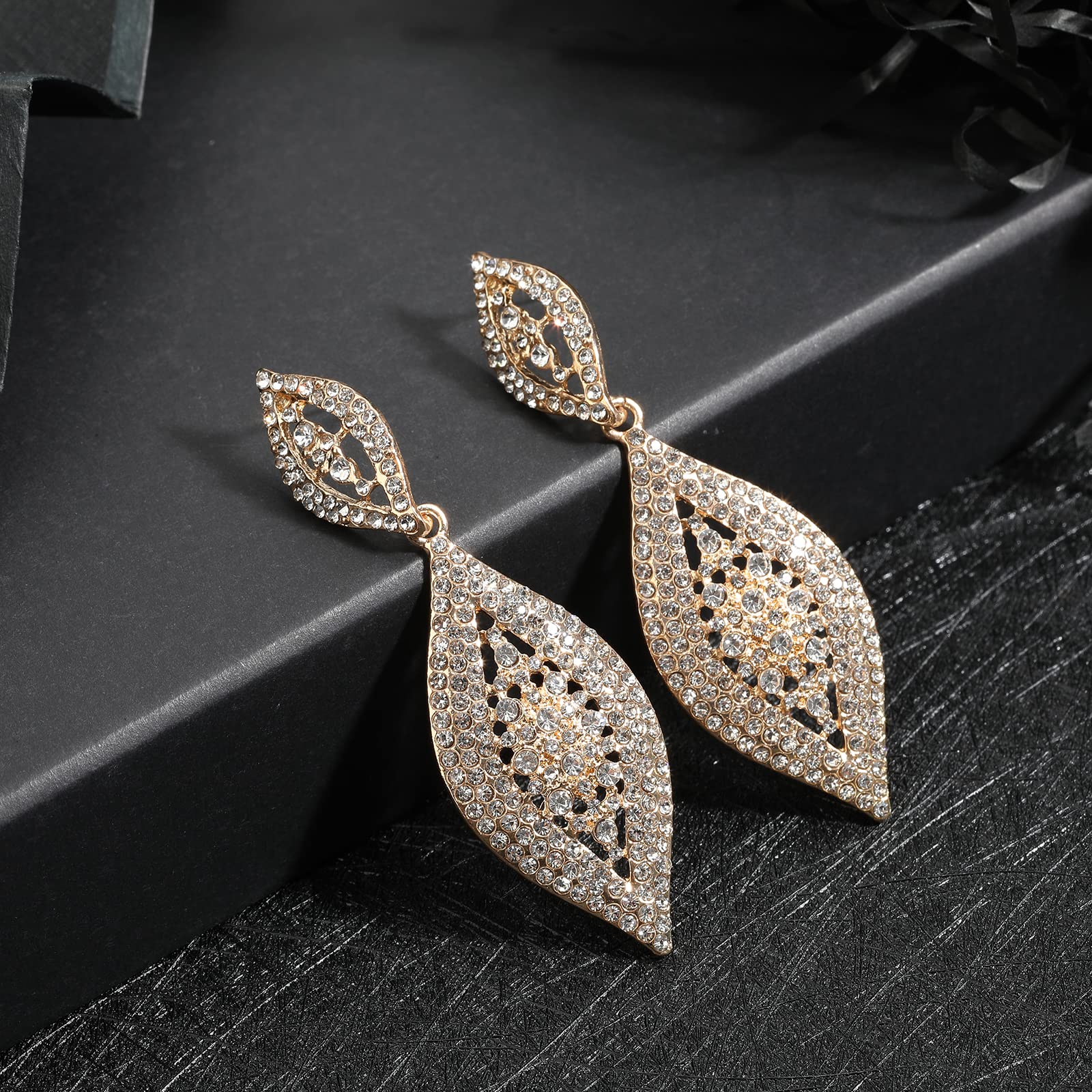 Canboer Fancy Gold Rhinestone Crystal Wedding Bridal Long Dangle Drop Earrings Crystal Leaf Chandlier Earrings for Women Party Prom