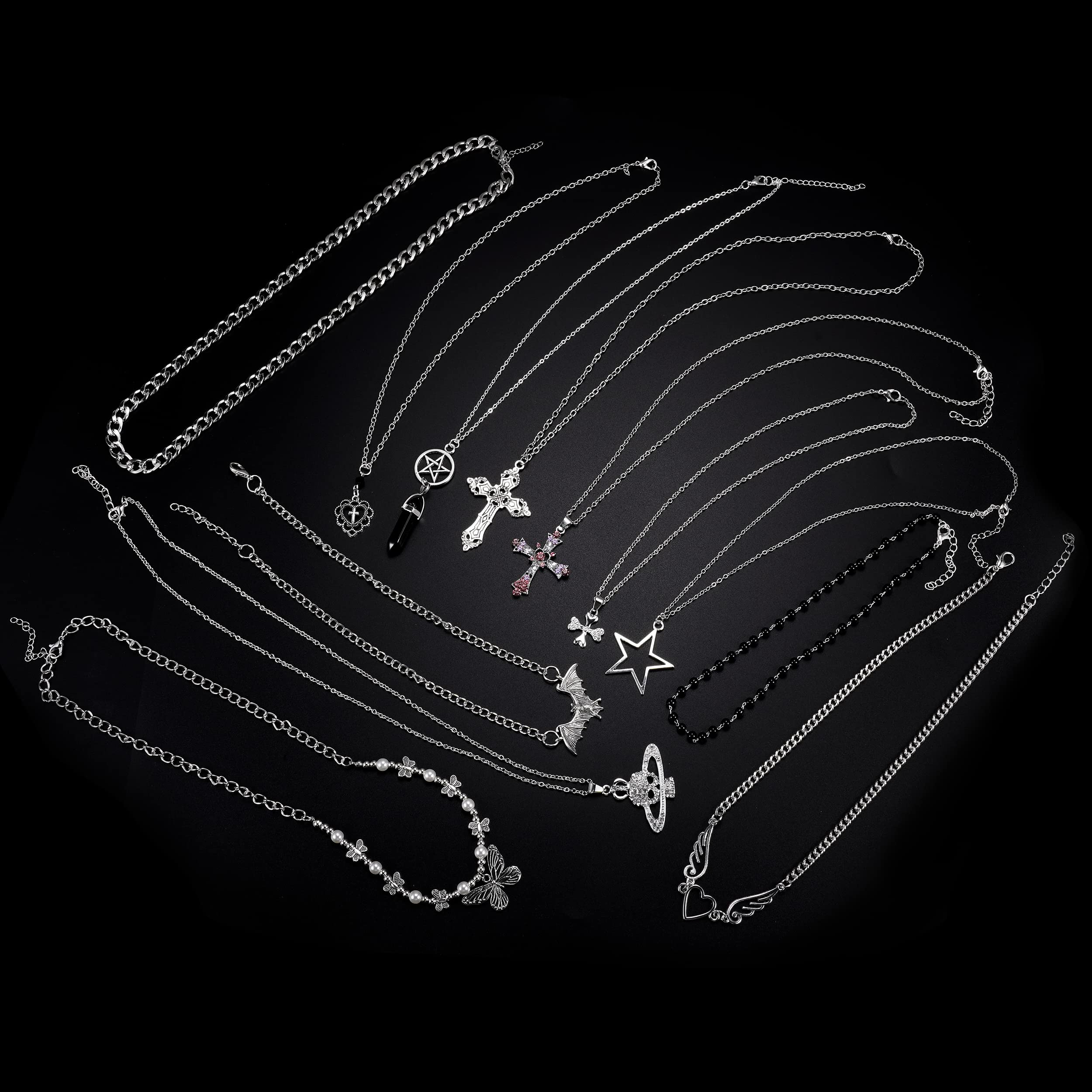 11Pcs Punk Vintage Necklace Set Goth Grunge Saturn Star Indie Butterfly Boho Crystal Y2k Cross Pendent Heart Wing Statement Choker for Women Men