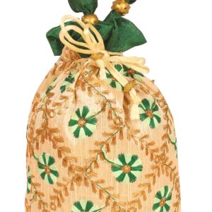 INDTRESOR beaded handcrafted embroidered evening purse drawstring handbag vintage party wedding gift for women. Green Gold