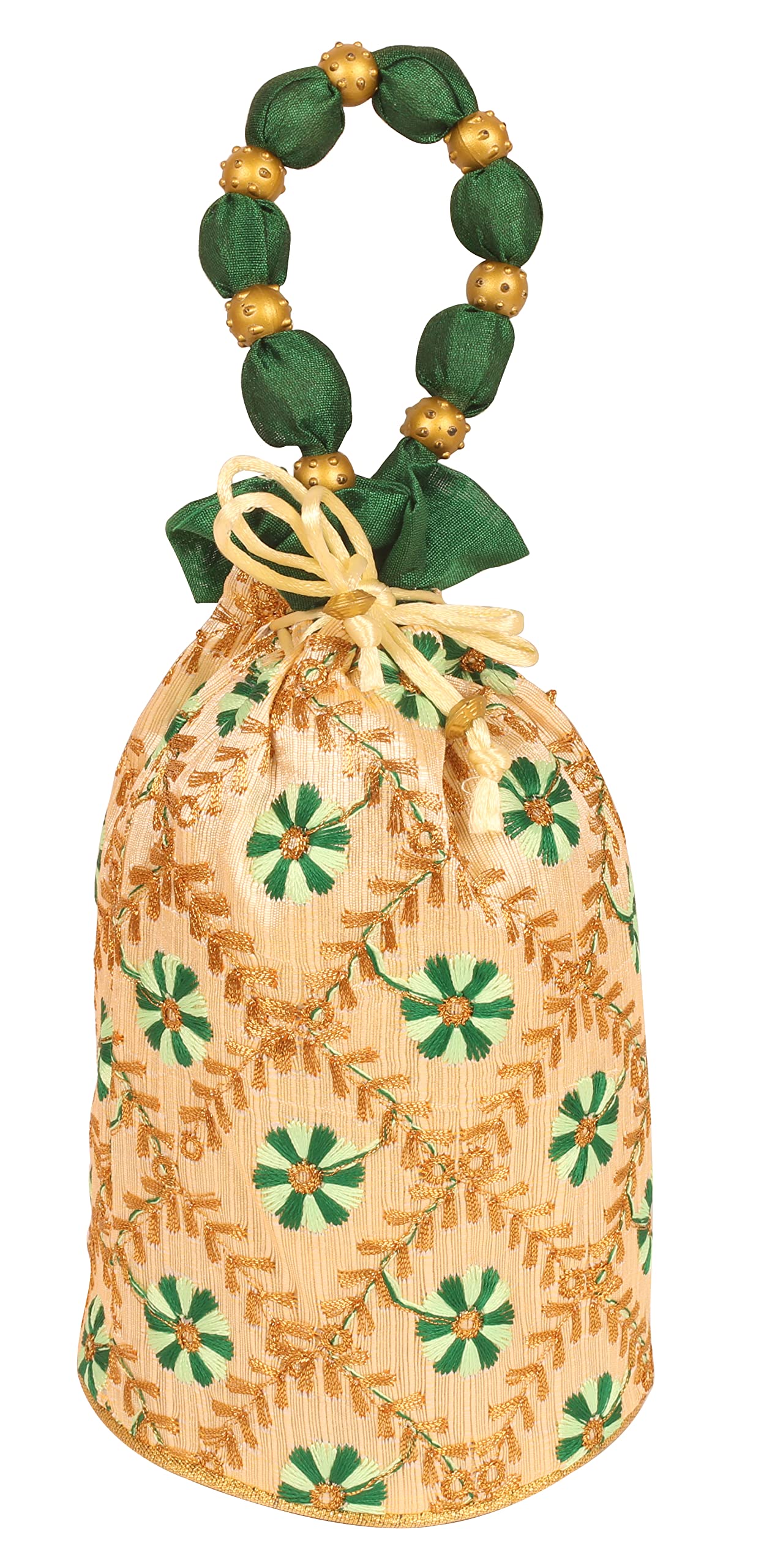 INDTRESOR beaded handcrafted embroidered evening purse drawstring handbag vintage party wedding gift for women. Green Gold