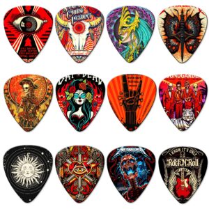 Guitar Picks 24 Pack Thin, Medium, Heavy & Extra Heavy Picks with Tin Box,Variety Pack Artistic Celluloid Guitar Pick for Bass Electric Guitar Acoustic Guitar Lovers Gift (Mix-2)