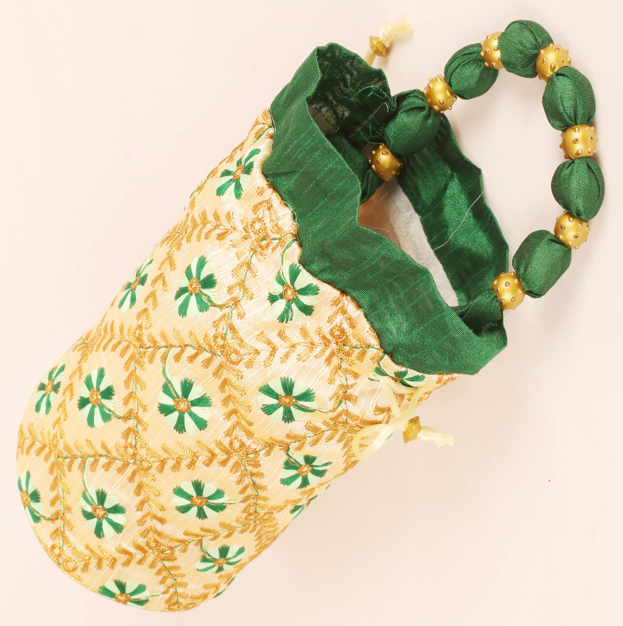 INDTRESOR beaded handcrafted embroidered evening purse drawstring handbag vintage party wedding gift for women. Green Gold