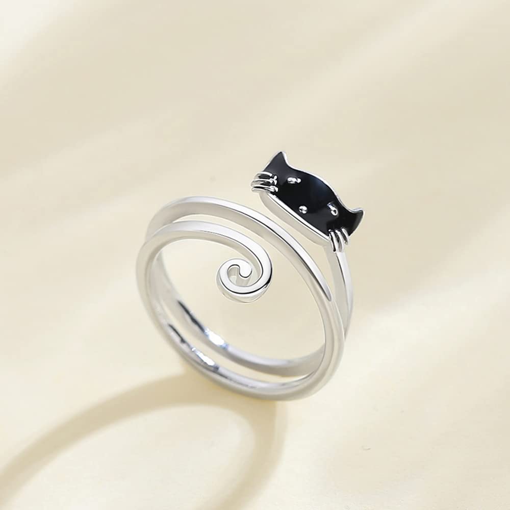 Cute Cat Open Statement Ring 925 Sterling Silver Adjustable Simple Lovely Animal Pet Wrap Stacking Engagement Wedding Finger Rings Dainty Jewelry Gifts for Women Girls Teen Birthday Xmas Daughter Girlfriend