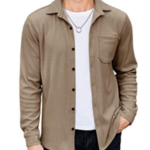 COOFANDY Men's Corduroy Shirt Jacket Slim Fit Button up Work Shirt with Two Flap Pockets Brown