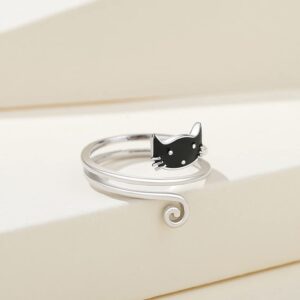 Cute Cat Open Statement Ring 925 Sterling Silver Adjustable Simple Lovely Animal Pet Wrap Stacking Engagement Wedding Finger Rings Dainty Jewelry Gifts for Women Girls Teen Birthday Xmas Daughter Girlfriend