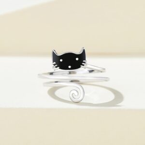 Cute Cat Open Statement Ring 925 Sterling Silver Adjustable Simple Lovely Animal Pet Wrap Stacking Engagement Wedding Finger Rings Dainty Jewelry Gifts for Women Girls Teen Birthday Xmas Daughter Girlfriend