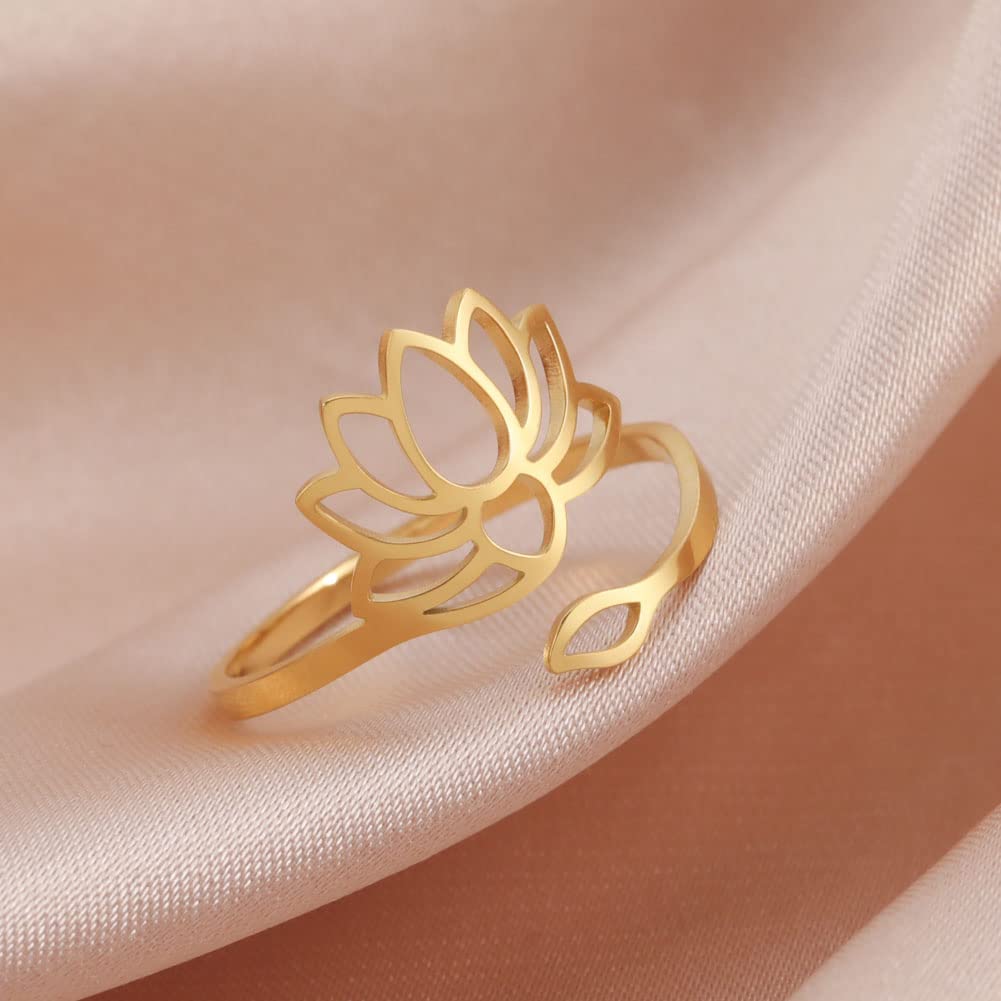 TEAMER Resizable Lotus Ring Stainless Steel Semicolon Ring Yoga Meditation Om Symbol Ring Inspirational Jewelry For Women (Lotus 1-Gold)