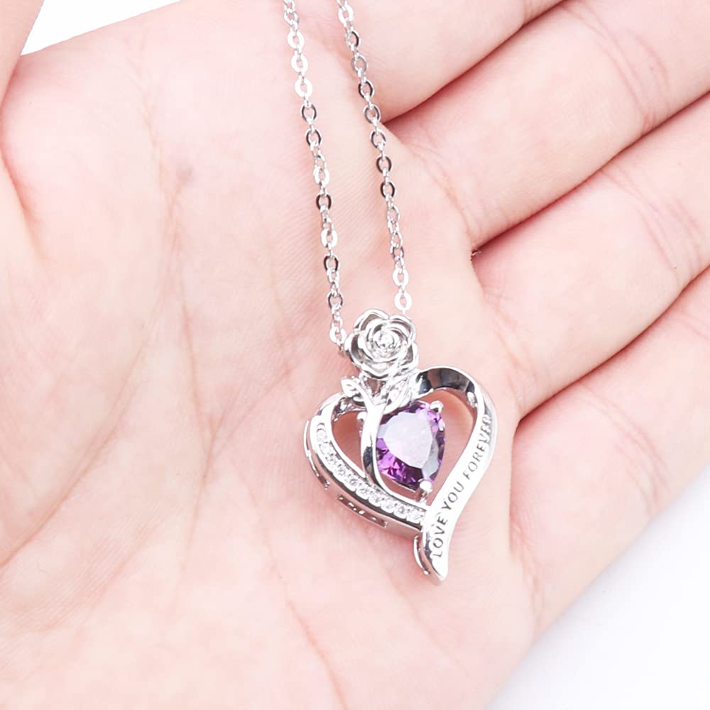 UEUC Birthstone Flower Necklace for Women, Sterling Silver Love You Forever Rose Flower Necklace Crystal Heart Pendant Necklace Gift for Her 18''+2'' Chain(2)