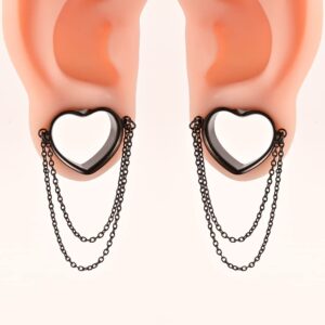 Atomhole 2PCS Cute Heart Ear Gauges with Chains Hypoallergenic 316 Stainless Steel Plugs for Ears Tunnels Piercing Expander Stretchers Body Jewelry (10mm(00G), Black)