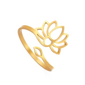 teamer resizable lotus ring stainless steel semicolon ring yoga meditation om symbol ring inspirational jewelry for women (lotus 1-gold)