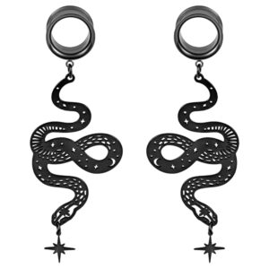 atomhole 2pcs snake dangle ear gauges hypoallergenic stainless steel ear plugs ear hangers for stretched ears tunnels pair selling 2g 0g body jewelry (10mm(00g), black)