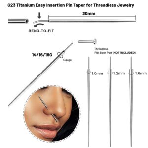 ZS 3Pcs G23 Titanium Insertion Pin Taper for Nose Ear Navel Lip Threadless Piercings Jewelry Kit, 18/16/14G Push in Body Piercing Stretching Kit Assistant Tool (18G/16G/14G)