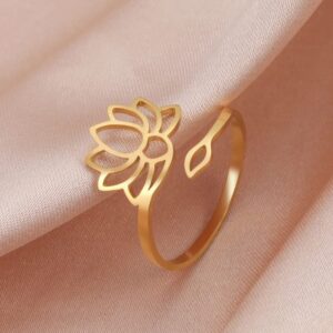 TEAMER Resizable Lotus Ring Stainless Steel Semicolon Ring Yoga Meditation Om Symbol Ring Inspirational Jewelry For Women (Lotus 1-Gold)