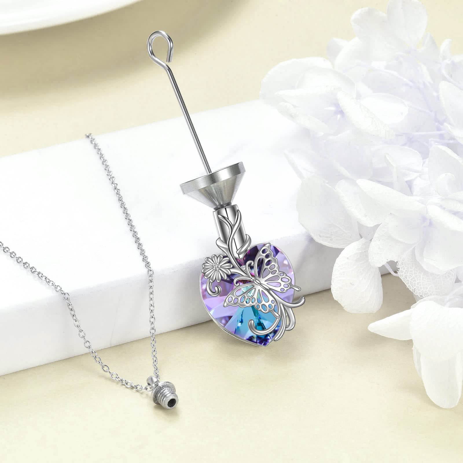 YFN Heart Crystal Urn Necklace for Ashes Cremation Jewelry Sterling Silver with Purple Blue Crystal Jewelry Gifts for Women Girls Butterfly