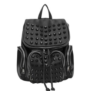 downupdown ​studded backpacks for women and men leather flap rivet backpack knapsack ladies casual daypack shoulder bag cool zipper backpack with top handle bucket bag-black