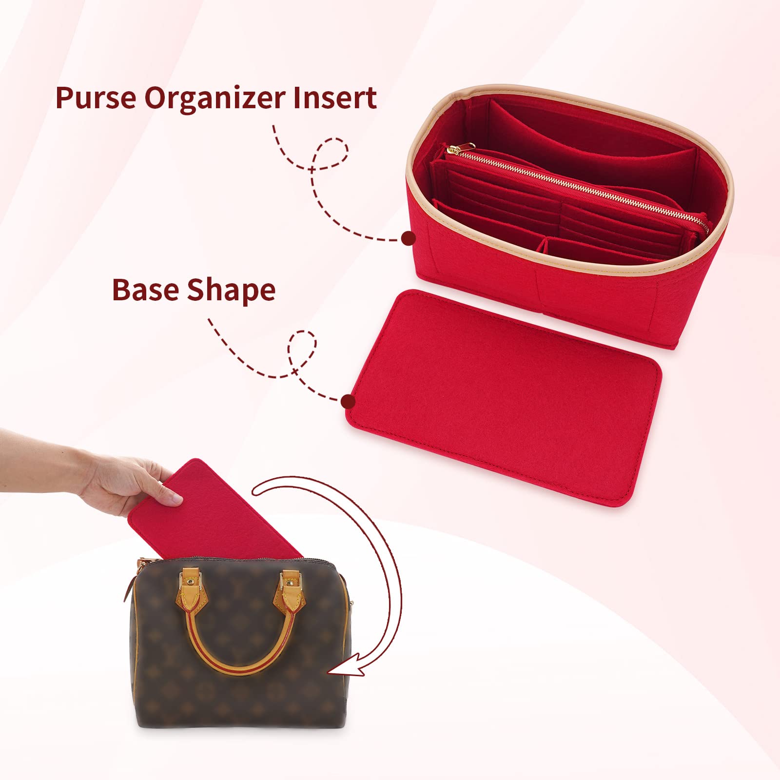 LOUKAYCCI Purse Organizer & Base Shaper fit Speedy 35, Felt Bag Organizer Insert for Handbags with Metal Zipper [Bag in Bag] (X-Large, Red)