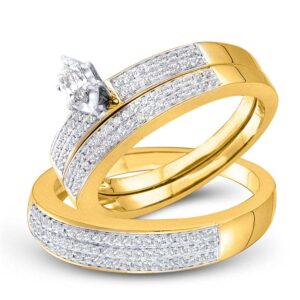 sea of jewels marquise & round cut white diamond in 925 sterling silver 14k yellow gold over diamond wedding band bridal trio ring set for him & her