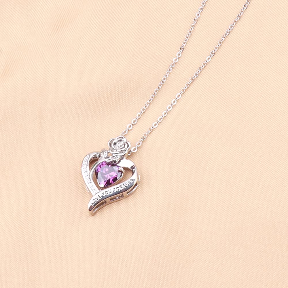 UEUC Birthstone Flower Necklace for Women, Sterling Silver Love You Forever Rose Flower Necklace Crystal Heart Pendant Necklace Gift for Her 18''+2'' Chain(2)