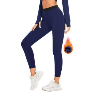 guooolex women fleece lined thermal leggings high waist winter athletic base layer bottoms warm compression leggings pants blue