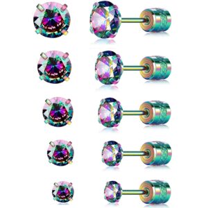 Titanium Screw Flat Back Pack of Earrings Rainbow Cubic Zirconia Simulated Diamond Stud for Women Men 18K Gold Plated Surgical Stainless Steel Helix Piercing Hypoallergenic for Sensitive Ears 20G