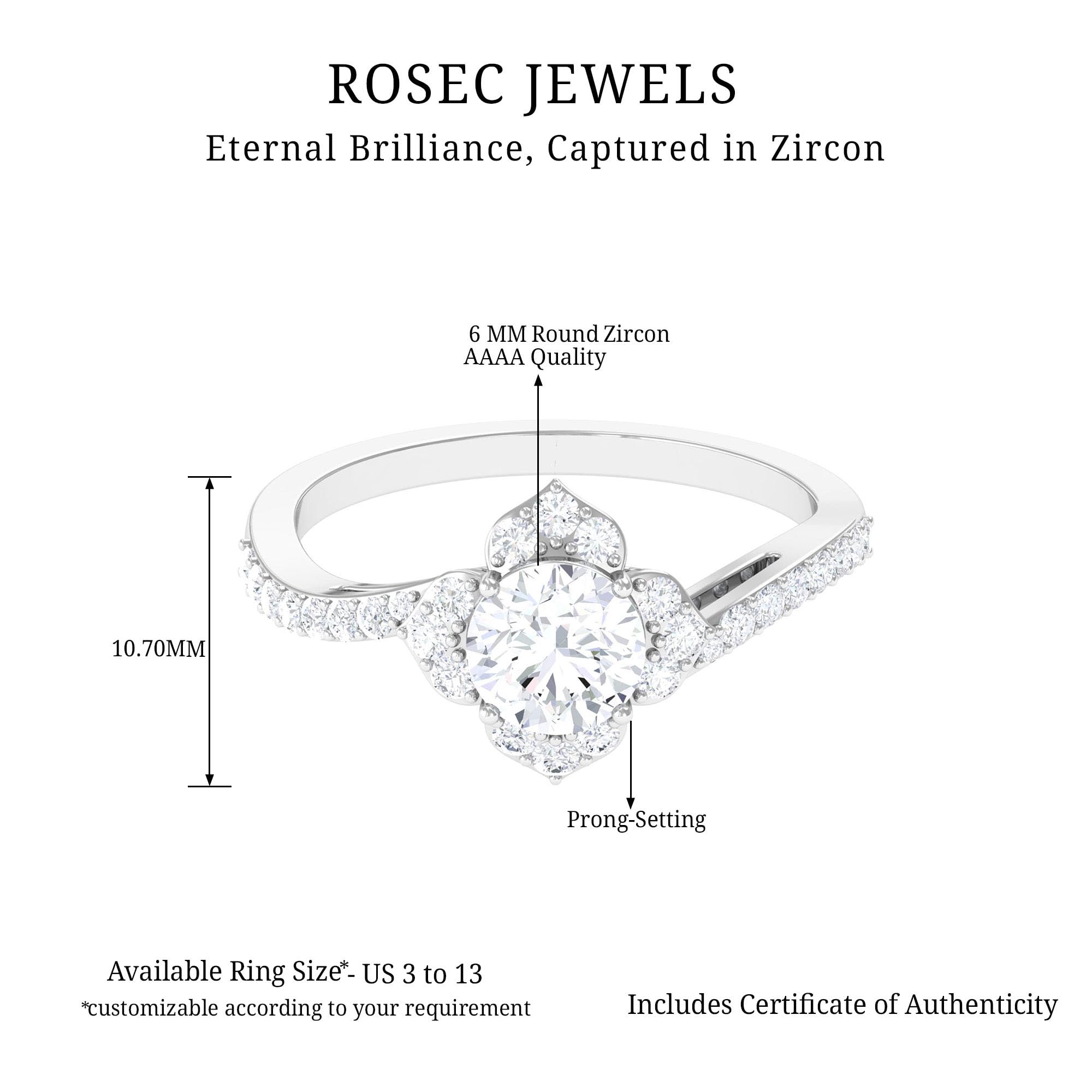 Rosec Jewels Round Shape Zircon Floral Halo Ring, Zircon Bypass Engagement Ring, Zircon Floral Ring for Women, Certified Zircon Engagement Ring, 10K White Gold, Size:US 11.00