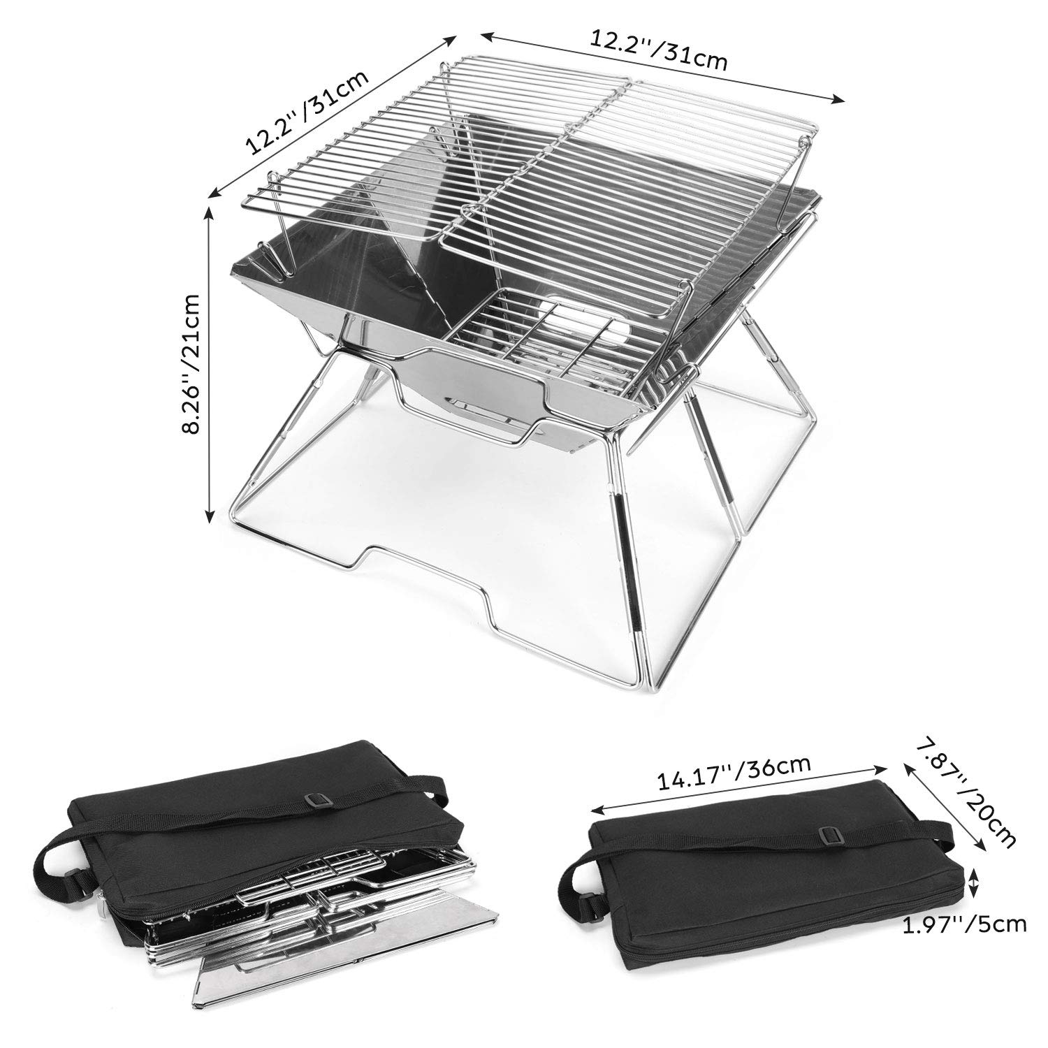 Odoland Bundle - 2 Items Folding Campfire Grill and Complete Messware Kit Polished Stainless Steel Camping dinnerware