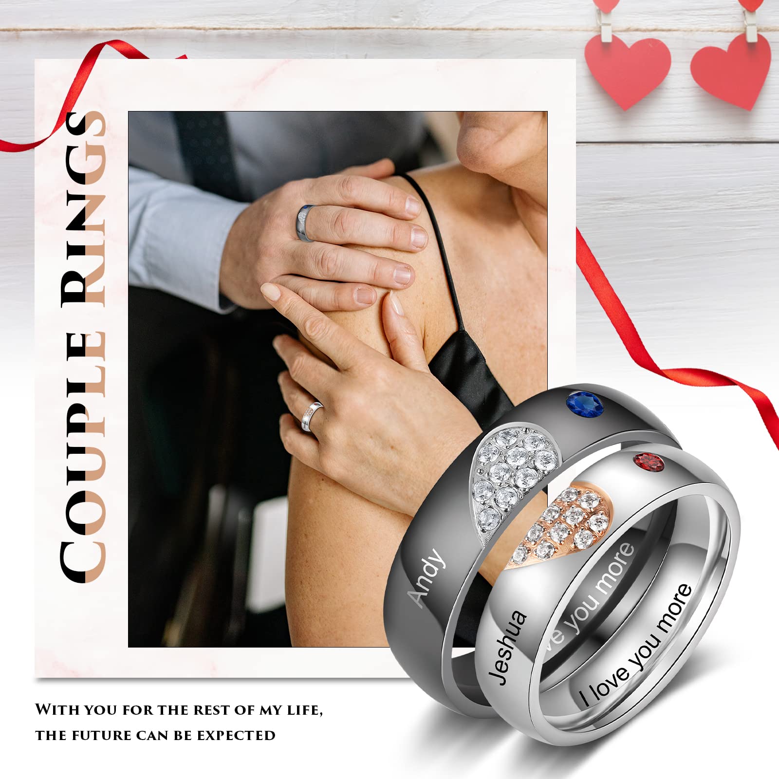 Luxladis Personalized Couples Rings Set for Him and Her Promise Rings for Couples Free Engraving Custom Name Stainless Steel Engagement Rings for Couples Valentines Day (Heart Couple ring)