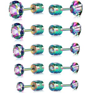 titanium screw flat back pack of earrings rainbow cubic zirconia simulated diamond stud for women men 18k gold plated surgical stainless steel helix piercing hypoallergenic for sensitive ears 20g