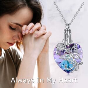 YFN Heart Crystal Urn Necklace for Ashes Cremation Jewelry Sterling Silver with Purple Blue Crystal Jewelry Gifts for Women Girls Butterfly