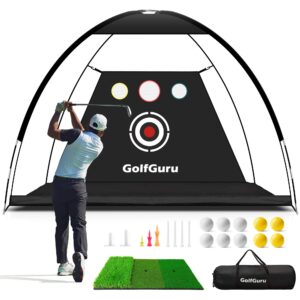 golfguru golf net, 10x7ft all in 1 golf practice net with xl tri-turf golf mat, impact target, 10 golf balls, 7 golf tees, 2 rubber golf tees, carry bag, golf net for backyard driving chipping indoor