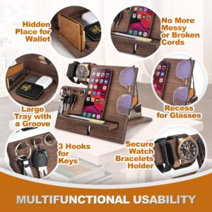 TESLYAR Wood Phone Docking Station Ash Hooks Key Holder Wallet Stand Watch Organizer Men Husband Wife Anniversary Dad Birthday Nightstand Purse Tablet Father Graduation Male