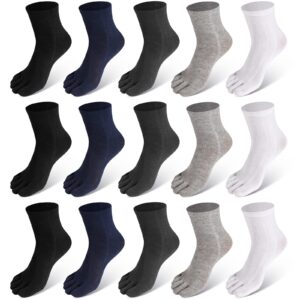 kenning 15 pairs five toe socks mens polyester cotton crew running liner athletic finger for winter activities hiking yoga, 5 colors, black, light grey, dark navy blue and white, one size