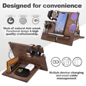 TESLYAR Wood Phone Docking Station Ash Hooks Key Holder Wallet Stand Watch Organizer Men Husband Wife Anniversary Dad Birthday Nightstand Purse Tablet Father Graduation Male