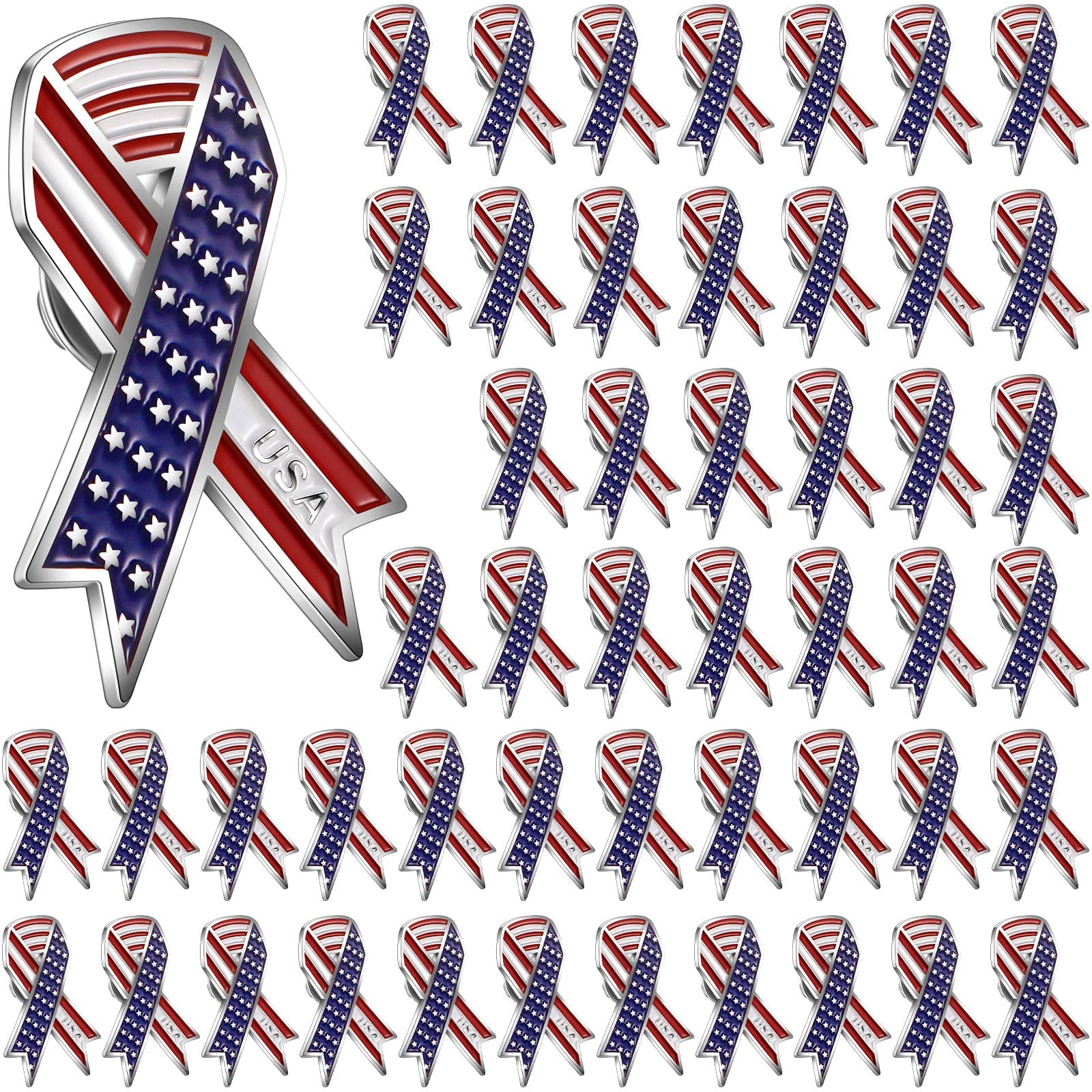 50 Pcs Memorial Day Veteran Gifts American Flag Lapel Pins Metal USA Waving Flag Pins Patriotic Ribbon Pins Bulk Independence Day Hat Pins Decorations United States Badge Pins Brooch (Bow)