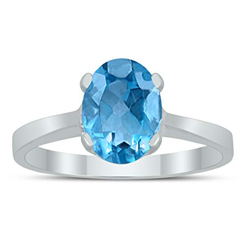 Oval Solitaire 8X6MM Blue Topaz Ring in 10K White Gold