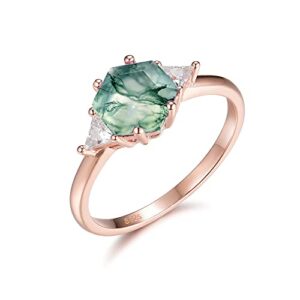 iti kuololit 1.5ct natural moss agate ring sterling silver hexagon shaped engagement ring unique aquatic green agate promise wedding rings for women (rose gold plated silver, 5)