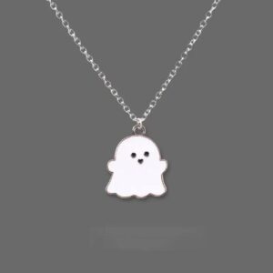 2 Pcs Black White Ghost Pendant Necklace, Lovely Ghost Enamel Charm Necklace for Women Girls Friendship BFF Couple Memorial Jewelry Valentines Day Halloween Costume Decor, One-size