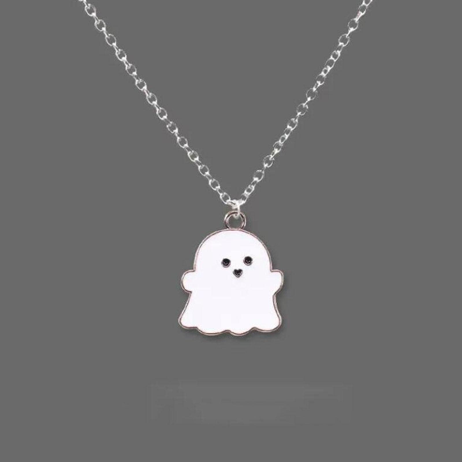 2 Pcs Black White Ghost Pendant Necklace, Lovely Ghost Enamel Charm Necklace for Women Girls Friendship BFF Couple Memorial Jewelry Valentines Day Halloween Costume Decor, One-size