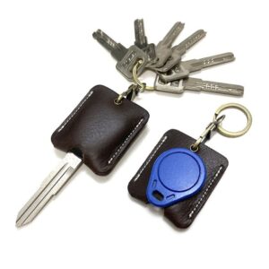 JuneTree Genuine Leather Keychain pouch, Universal Key Fob Keychain Leather Key Chain Holder for keys and ID Key Cards- black color (2 of pack)